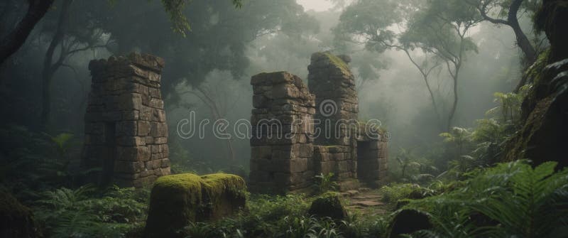 Ancient Stone Structures Overgrown by Lush Vegetation in a Misty Jungle ...