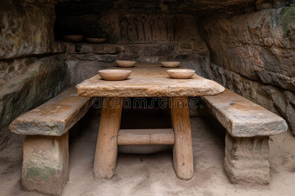Ancient Stone Table and Benches in a Cave Stock Illustration ...