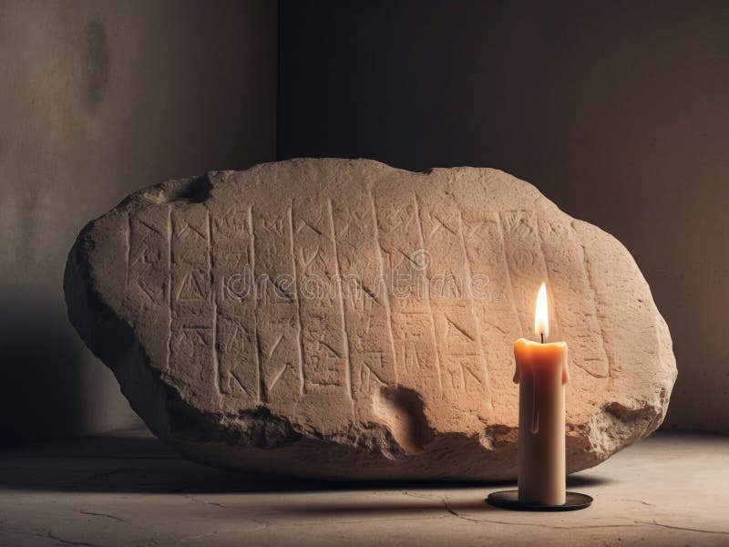 Ancient Stone Tablet with Candle in Dim Light. Stock Illustration ...