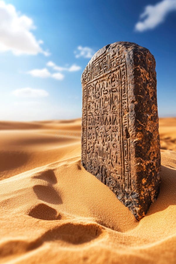 Ancient Stone Tablet in Desert Sand with Hieroglyphic Inscriptions ...