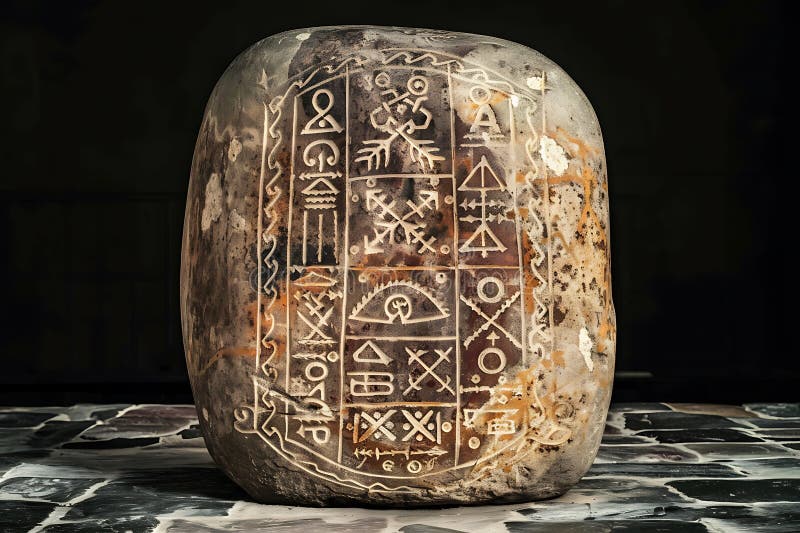 Ancient Stone Tablet with Intricate Carved Symbols and Patterns Stock ...