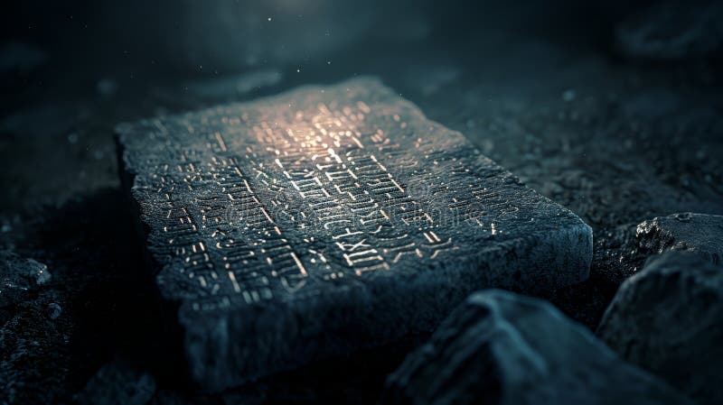 An Ancient Stone Tablet with Mysterious Writing, Illuminated by a Beam ...