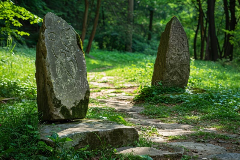 Ancient Stone Tablets Along a Forest Path Stock Illustration ...