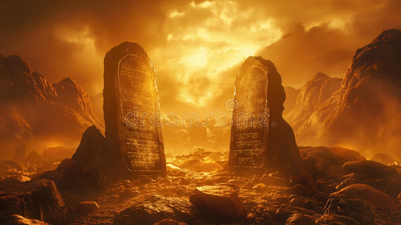 Stone Tablets with Inscriptions of the Ten Commandments Set Against a ...