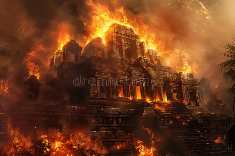 Ancient Stone Temple Burning during Apocalyptic Event Stock ...