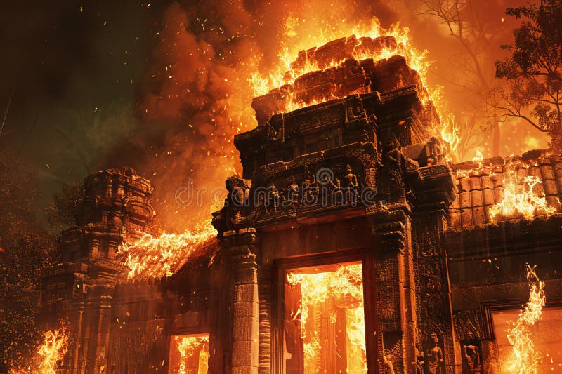Ancient Stone Temple Burning Down in a Wildfire at Night Stock Image ...