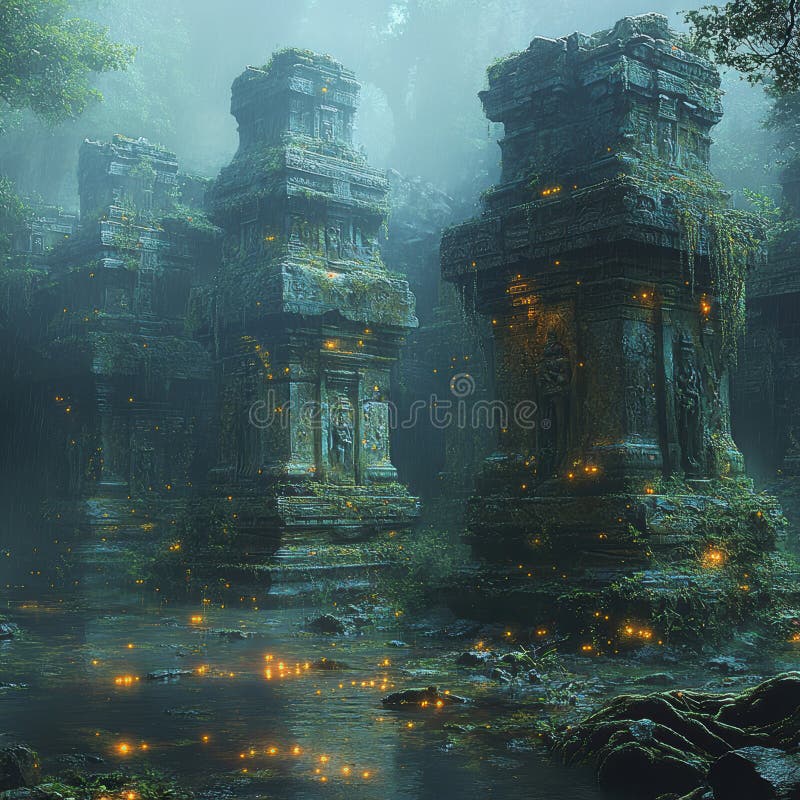Ancient Stone Temple Complex Engulfed by a Lush Forest, with Scattered ...