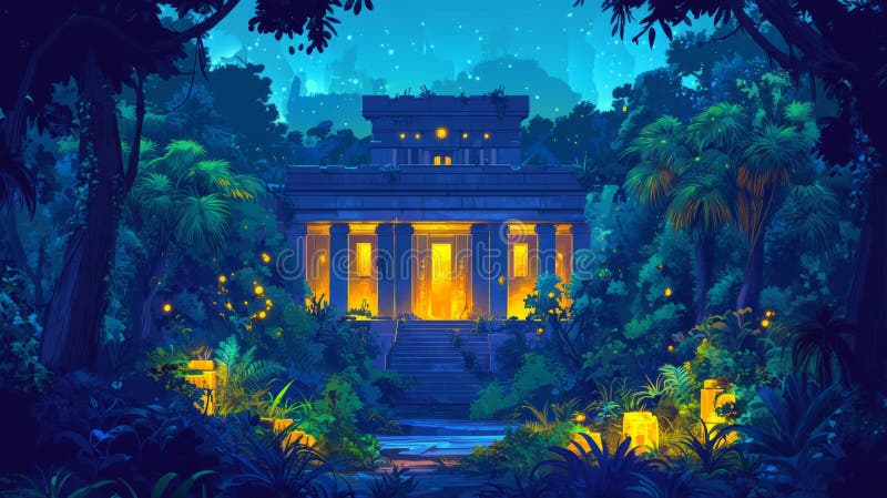 Ancient Stone Temple in Lush Jungle at Night Stock Illustration ...
