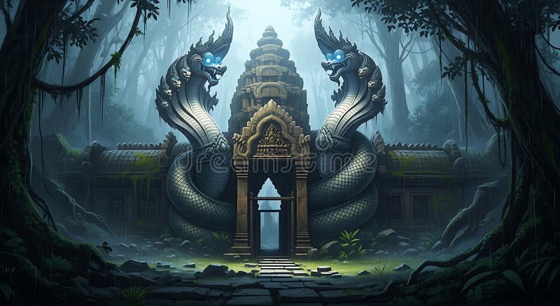 Ancient Stone Temple in a Misty Forest, Featuring Two Large Mythical ...