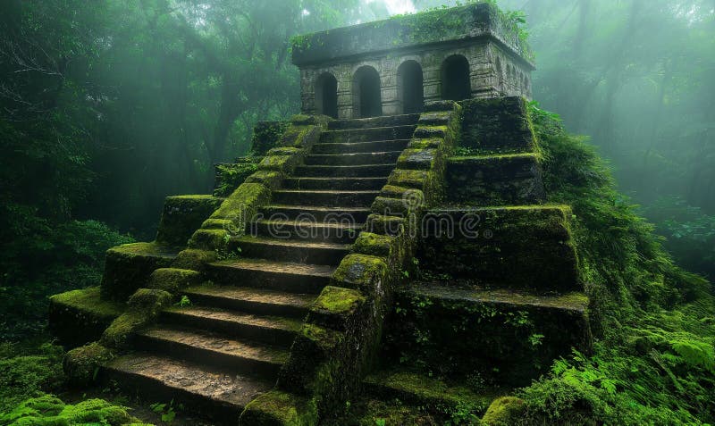 Ancient Stone Temple with Moss-covered Steps in a Misty Forest Stock ...