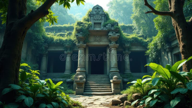 Ancient Stone Temple Overgrown by Lush Tropical Vegetation with Copy ...
