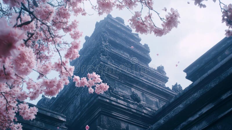 Ancient Stone Temple with Pink Cherry Blossoms Stock Illustration ...