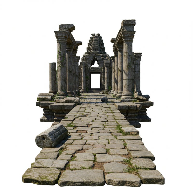 Ancient Stone Temple Ruins with Corinthian Columns Line a Cobblestone ...