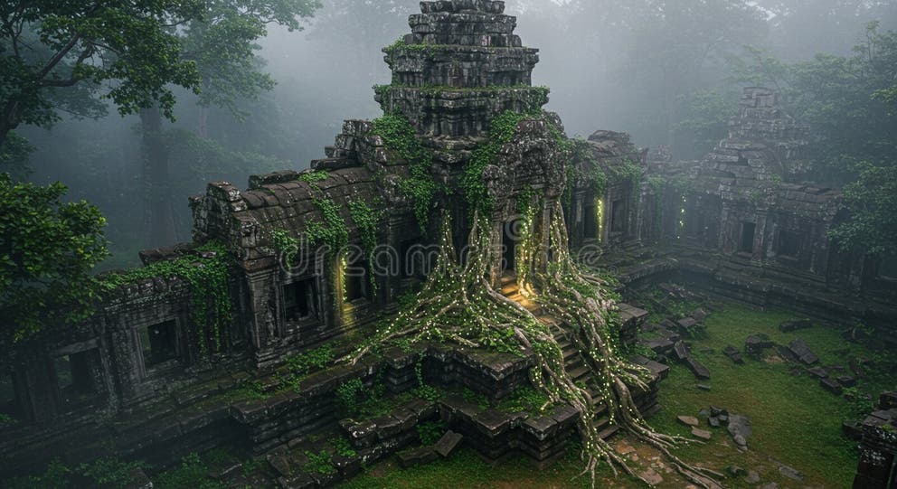 Ancient Stone Temple Ruins Enveloped in Thick Vines, with Tree Roots ...