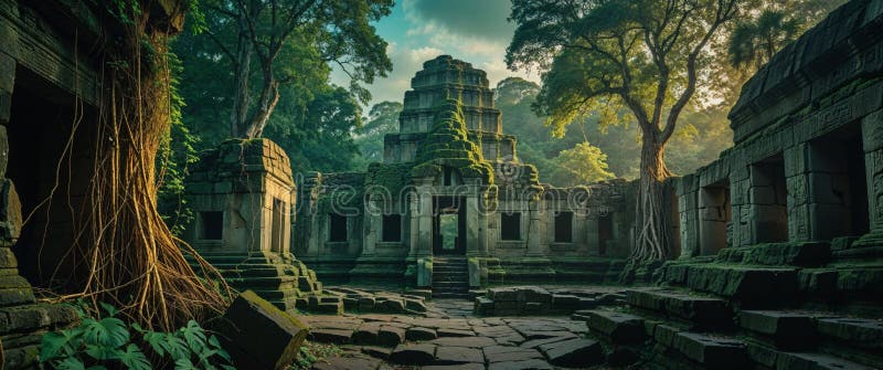 Ancient Stone Temple Ruins Overgrown by Lush Jungle Vines and Trees ...