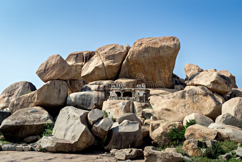 Ancient Stone Temple in Solid Rocks on Hill in Hampi, Karnataka, India ...