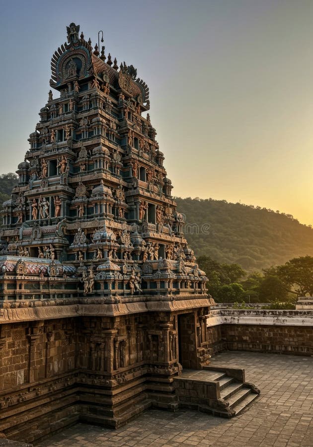 Ancient Stone Temple at Sunset in South India Stock Illustration ...