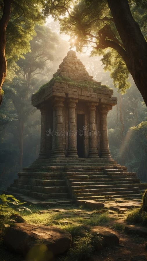 Ancient Stone Temple Surrounded by Lush Vegetation in a Sunlit Forest ...