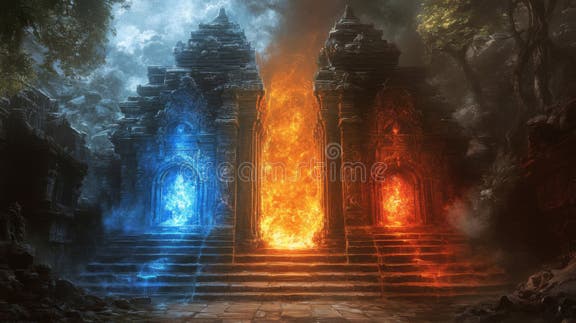 Ancient Stone Temples Engulfed in Fire and Ice Stock Illustration ...