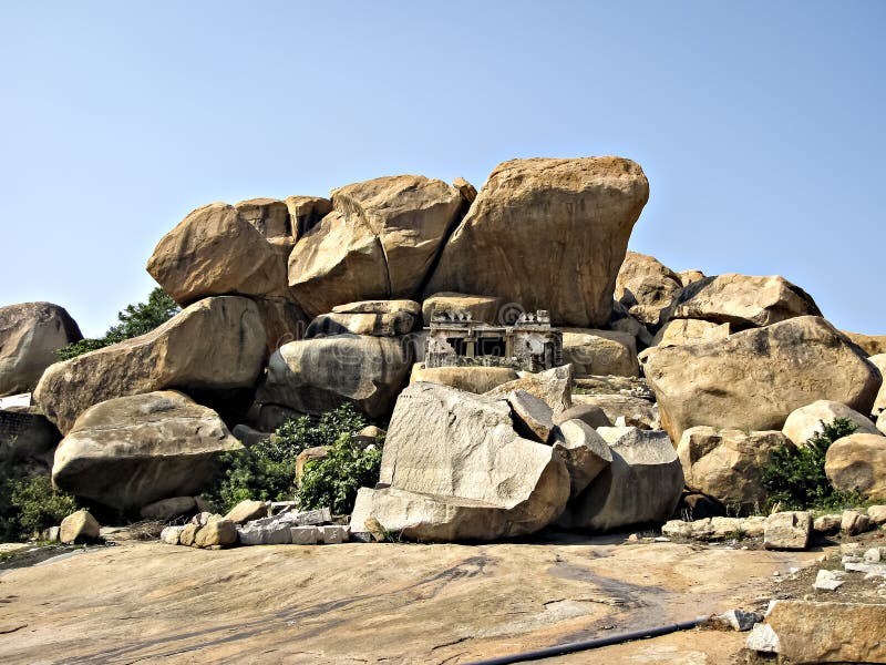 Ancient Stone Temples in Solid Rocks on Hill in Hampi, Karnataka, India ...