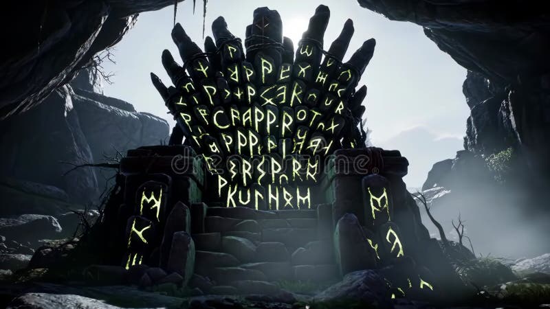 Ancient Stone Throne Adorned with Glowing Runes, Set in a Mystical Cave ...