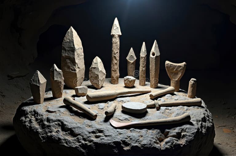 Ancient Stone Tools on Rock in Cave with Dramatic Lighting Stock Image ...