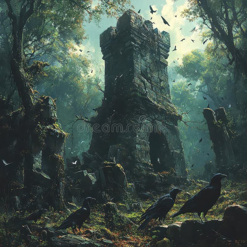 Ancient Stone Tower Overgrown with Foliage and Crows Stock Illustration ...