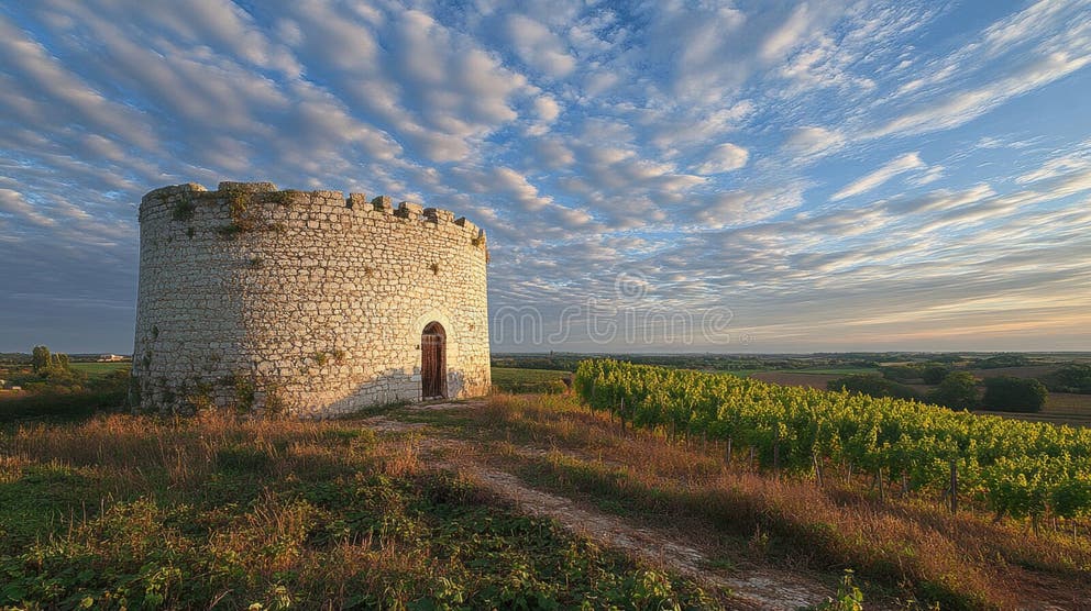 Ancient Stone Tower Overlooking Vineyard Landscape Stock Illustration ...