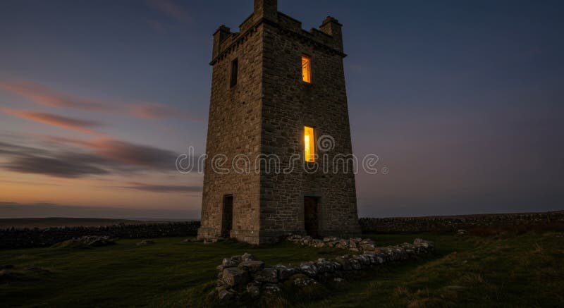 Ancient Stone Tower at Sunset Stock Illustration - Illustration of ...