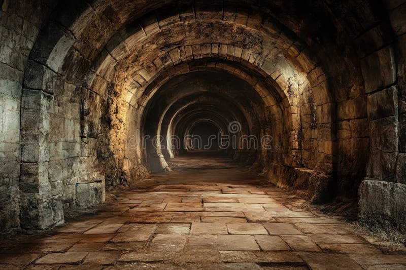 Ancient Stone Tunnel with Arched Walls Illuminated by Soft Light in a ...