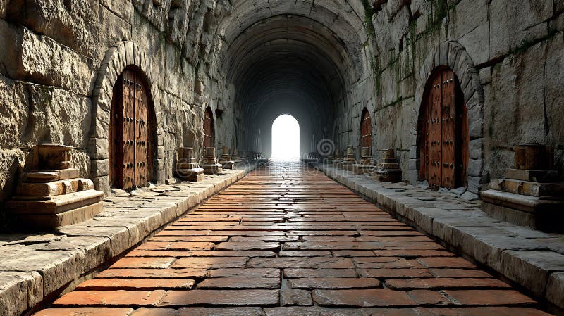 Ancient Stone Tunnel with Archways and Doors Leading To Light Stock Illustration - Illustration ...