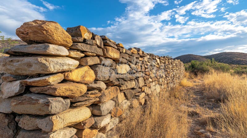 Ancient Stone Wall in Arid Landscape Under Sunny Sky Stock Illustration ...
