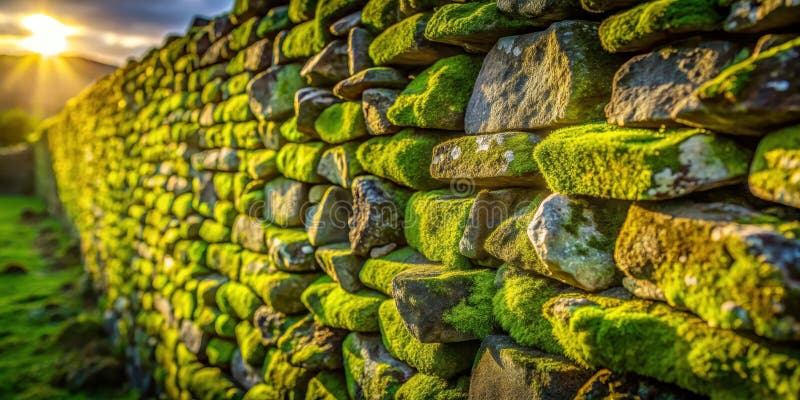 Ancient Stone Wall Covered in Lush Green Moss at Sunset. Generative AI Stock Illustration ...