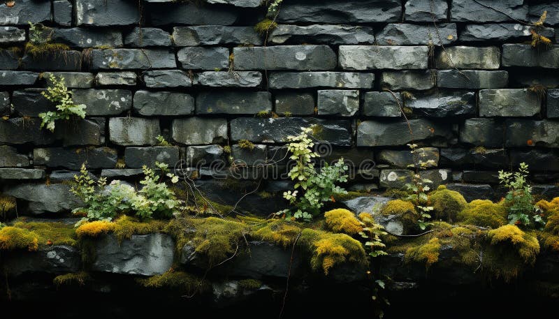 Ancient Stone Wall, Green Leaves, Nature Beauty in Old Architecture ...