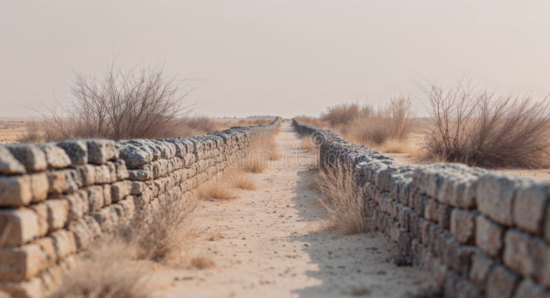 Ancient Stone Wall Path through a Dry Landscape Stock Image - Image of ...