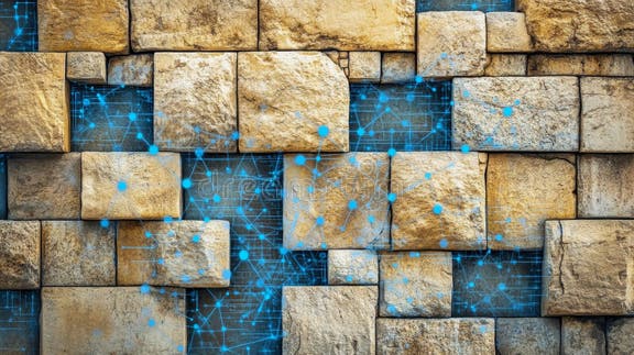 Ancient Stone Wall Texture with Interconnected Blue Nodes, Symbolizing ...