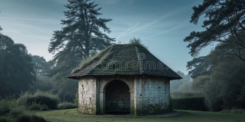 Ancient Stone Well with Sloped Roof in a Natural Landscape Setting ...