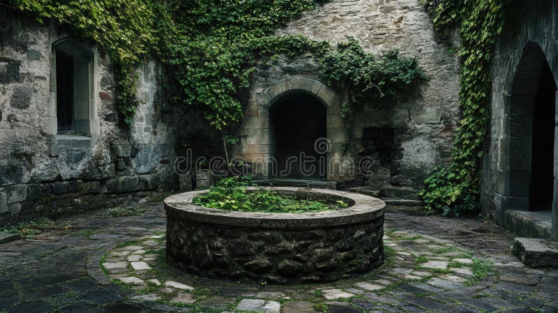 Ancient Stone Well Surrounded by Ivy in a Castle Courtyard Stock ...