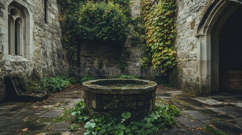 Ancient Stone Well Surrounded by Ivy in a Castle Courtyard Stock ...