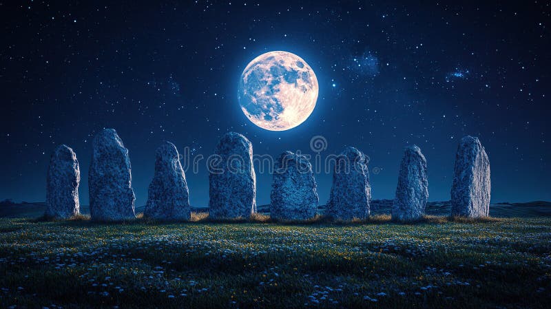 Ancient Stones Under a Luminous Moonlit Sky Stock Illustration ...