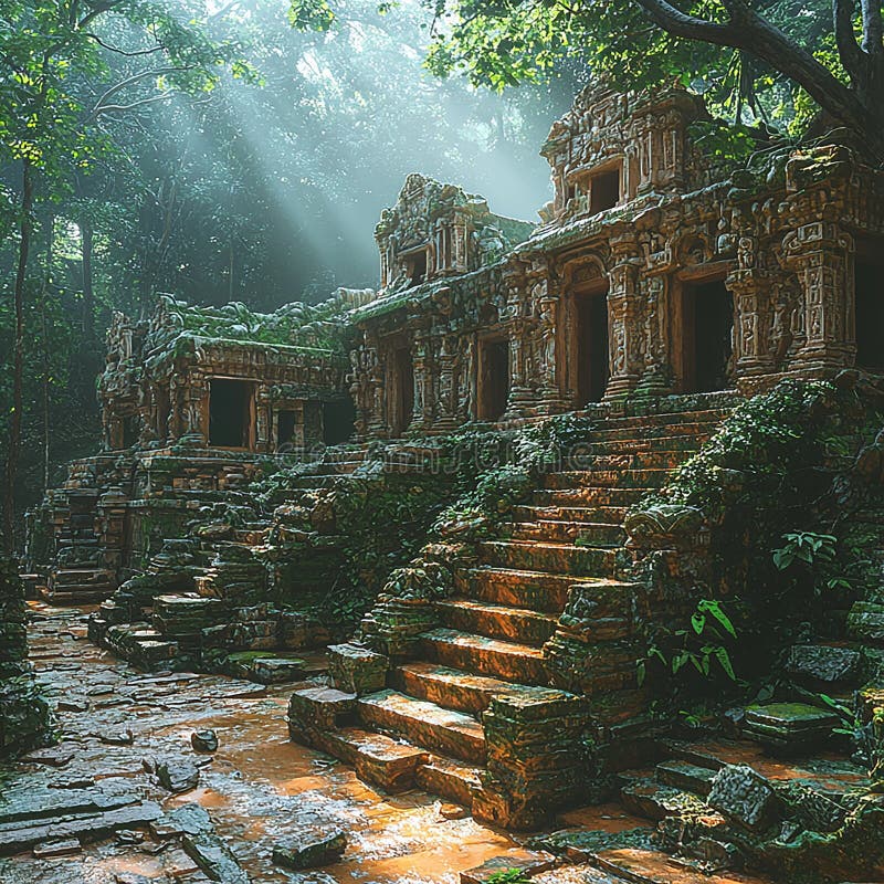 Exploring Ancient Ruins in the Jungle Illuminated by Soft Sunlight Stock Illustration ...