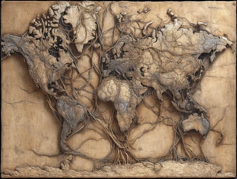 Ancient-style World Map with Stylized Root System, Earthy Color Palette ...