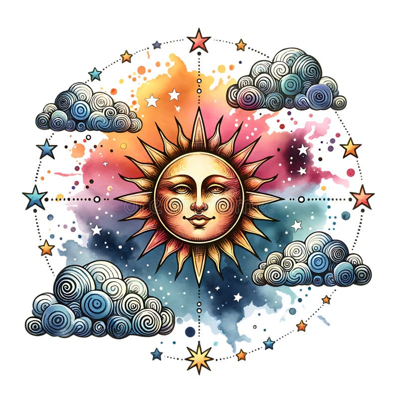 Ancient Sun Face Isolated on White Background, Celestial Art in Orange ...