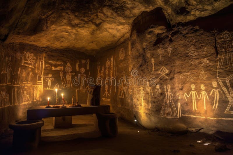 Ancient Symbols and Drawings on a Cave Wall Illuminated by Torchlight ...
