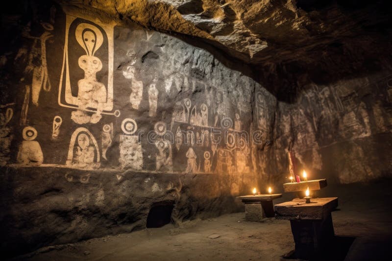 Ancient Symbols and Drawings on a Cave Wall Illuminated by Torchlight ...