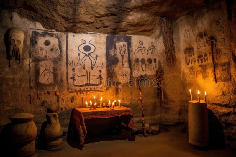 Ancient Symbols and Drawings on a Cave Wall Illuminated by Torchlight ...