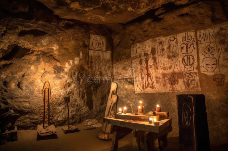 Ancient Symbols and Drawings on a Cave Wall, Lit by Torchlight Stock ...