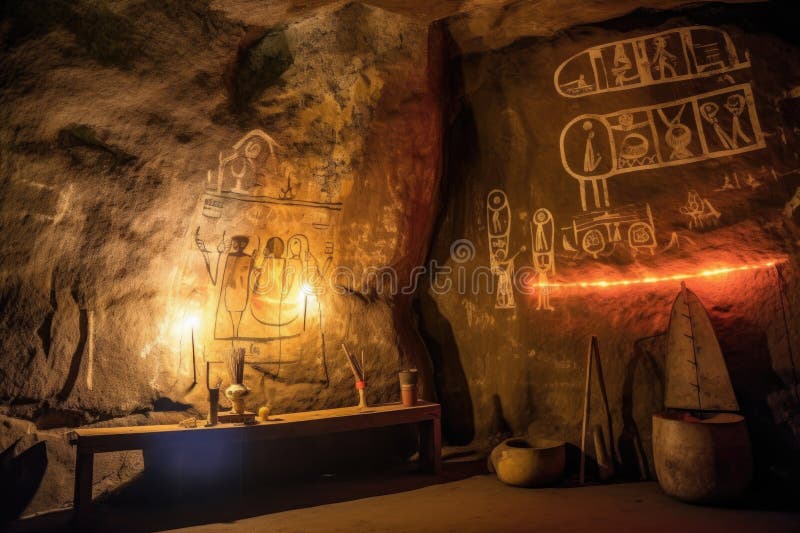 Ancient Symbols and Drawings on a Cave Wall Illuminated by Torchlight ...