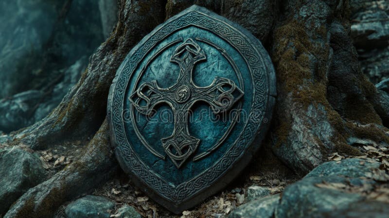 Ancient Teal Metal Shield with Cross Design on Mossy Forest Floor Stock ...