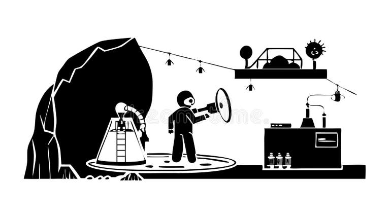 Ancient Tech Discovery: Exploring a Cave with Old Tools, Vector Design ...